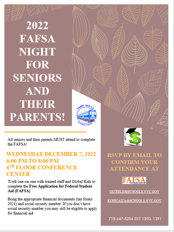 FAFSA NIGHT – College & Financial Aid Workshop 12/7/22 – TRANSIT TECH ...